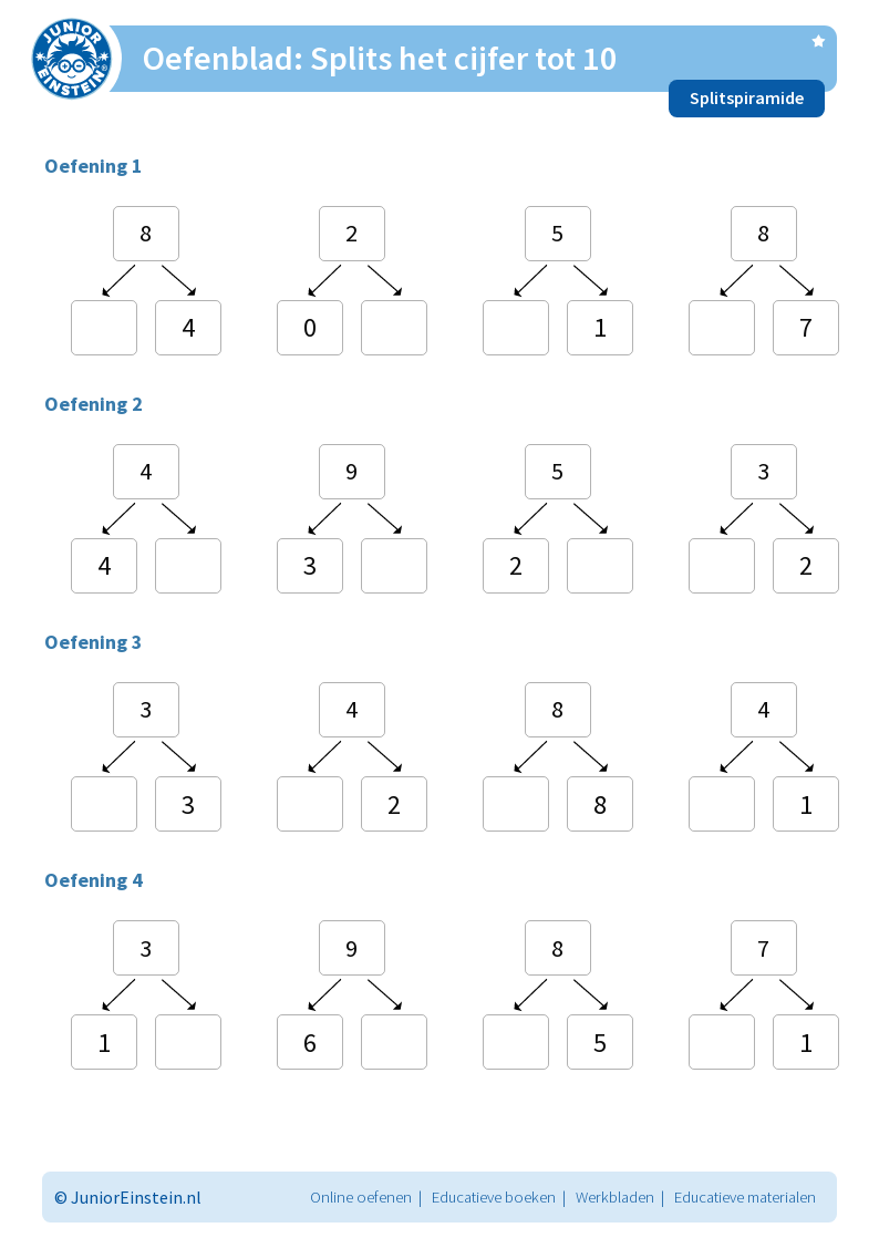 Gratis werkbladen voor splitsen tot 10 groep 2 downloaden in pdf om te ...